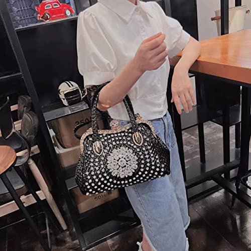 Diamond Handbags for Women Purses Hobo Tote Bag Crossbody Bag genuine Leather Fashion Top Handle Satchel Evening Bags (Black)