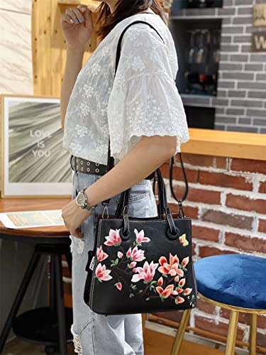 ZHUHW Embroidered Handbag Retro Floral Shoulder Bag Large Capacity Women's Tote Bag (Color : Black, Size : 26(L)*23(H)*11(W) cm)