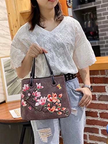 ZHUHW Embroidered Handbag Retro Floral Shoulder Bag Large Capacity Women's Tote Bag (Color : Black, Size : 26(L)*23(H)*11(W) cm)