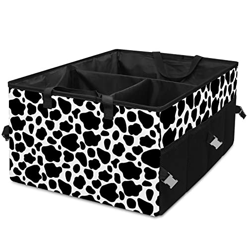 GACTIVITY Black And White Cow Print Car Trunk Organizer,Collapsible Cargo Storage Tote Bag,Non Slip,3 Divider Compartments, Automotive Interior Accessories for Auto SUV Truck Vehicle Picnic Camping