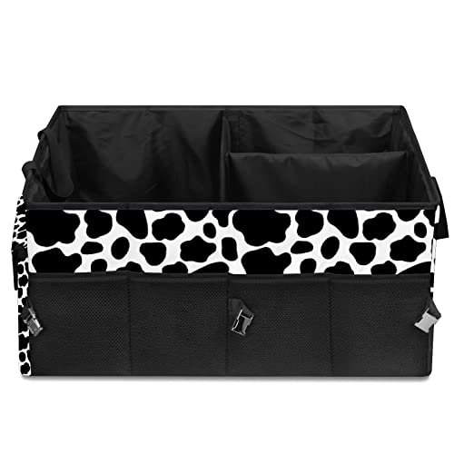 GACTIVITY Black And White Cow Print Car Trunk Organizer,Collapsible Cargo Storage Tote Bag,Non Slip,3 Divider Compartments, Automotive Interior Accessories for Auto SUV Truck Vehicle Picnic Camping