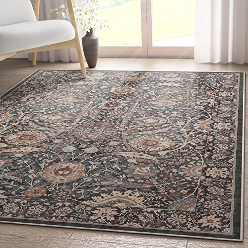 Well Woven Liana Flatweave Persian Floral 5'3" x 7'3" Area Rug Charcoal Grey & Beige