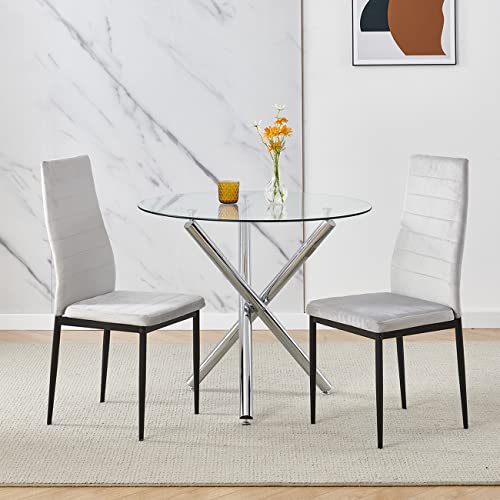 Ansley&HosHo Modern Dining Table and Chair Set, 35.4" Round Glass Dining Table with 2 Grey Velvet Dining Chairs, 3-Piece Dining Room Set Kitchen Table Set Dinette Set, Home Kitchen Furniture