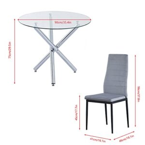 Ansley&HosHo Modern Dining Table and Chair Set, 35.4" Round Glass Dining Table with 2 Grey Velvet Dining Chairs, 3-Piece Dining Room Set Kitchen Table Set Dinette Set, Home Kitchen Furniture