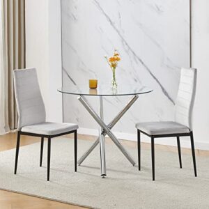 Ansley&HosHo Modern Dining Table and Chair Set, 35.4" Round Glass Dining Table with 2 Grey Velvet Dining Chairs, 3-Piece Dining Room Set Kitchen Table Set Dinette Set, Home Kitchen Furniture