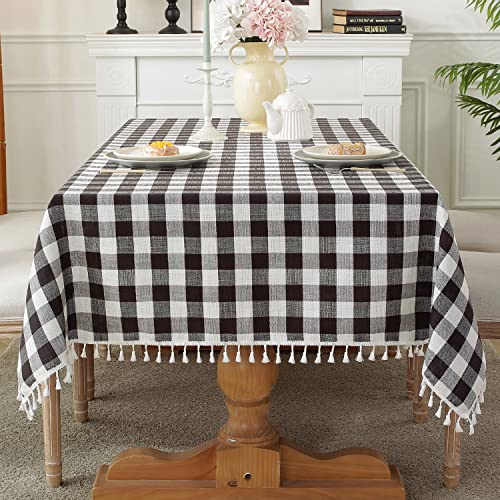 Laolitou Checkered Tablecloth Rectangle Washable Buffalo Plaid Table Cloth with Tassel Cotton Linen Gingham Table Cover for Picnic Kitchen Dining Room, Black and White, 86 Inch