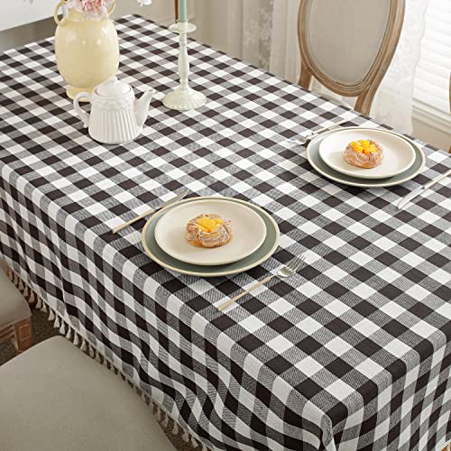 Laolitou Checkered Tablecloth Rectangle Washable Buffalo Plaid Table Cloth with Tassel Cotton Linen Gingham Table Cover for Picnic Kitchen Dining Room, Black and White, 86 Inch