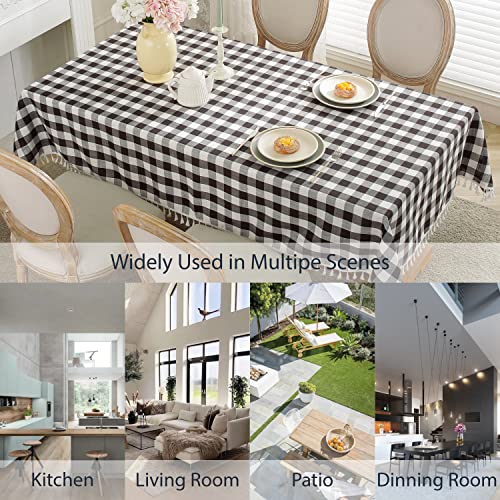 Laolitou Checkered Tablecloth Rectangle Washable Buffalo Plaid Table Cloth with Tassel Cotton Linen Gingham Table Cover for Picnic Kitchen Dining Room, Black and White, 86 Inch