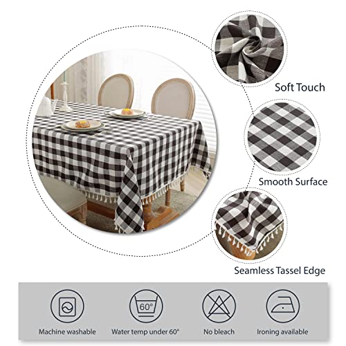 Laolitou Checkered Tablecloth Rectangle Washable Buffalo Plaid Table Cloth with Tassel Cotton Linen Gingham Table Cover for Picnic Kitchen Dining Room, Black and White, 86 Inch