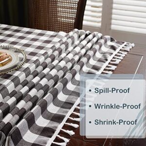 Laolitou Checkered Tablecloth Rectangle Washable Buffalo Plaid Table Cloth with Tassel Cotton Linen Gingham Table Cover for Picnic Kitchen Dining Room, Black and White, 86 Inch