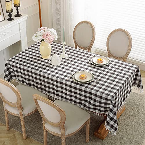 Laolitou Checkered Tablecloth Rectangle Washable Buffalo Plaid Table Cloth with Tassel Cotton Linen Gingham Table Cover for Picnic Kitchen Dining Room, Black and White, 86 Inch