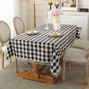 Laolitou Checkered Tablecloth Rectangle Washable Buffalo Plaid Table Cloth with Tassel Cotton Linen Gingham Table Cover for Picnic Kitchen Dining Room, Black and White, 86 Inch