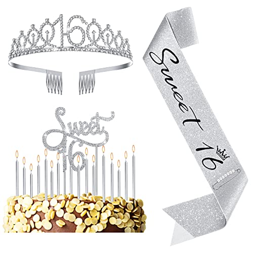 Canlierr 24 Pieces Sweet 16 Birthday Decorations for Girls Cake Toppers Candles 16th Crown Tiara Sash Sixteen Gifts Party Favor Supplies (Silver) (UA1152)