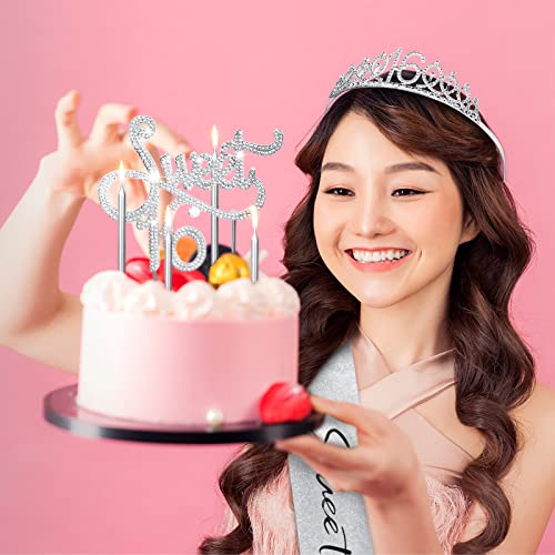 Canlierr 24 Pieces Sweet 16 Birthday Decorations for Girls Cake Toppers Candles 16th Crown Tiara Sash Sixteen Gifts Party Favor Supplies (Silver) (UA1152)