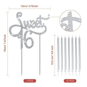 Canlierr 24 Pieces Sweet 16 Birthday Decorations for Girls Cake Toppers Candles 16th Crown Tiara Sash Sixteen Gifts Party Favor Supplies (Silver) (UA1152)