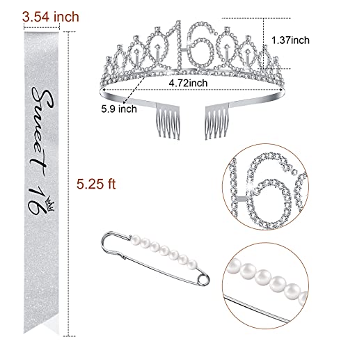 Canlierr 24 Pieces Sweet 16 Birthday Decorations for Girls Cake Toppers Candles 16th Crown Tiara Sash Sixteen Gifts Party Favor Supplies (Silver) (UA1152)