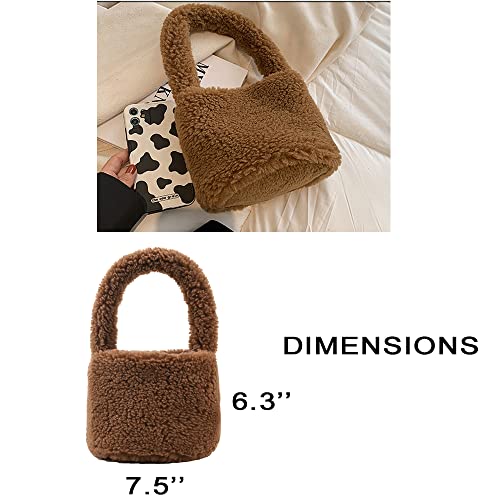 Women Fuzzy Bag Sherpa Purse Faux Fur Handbag Furry Fluffy Plush Hand Bags Cute Small Totes Winter Fashion Purses (Brown)