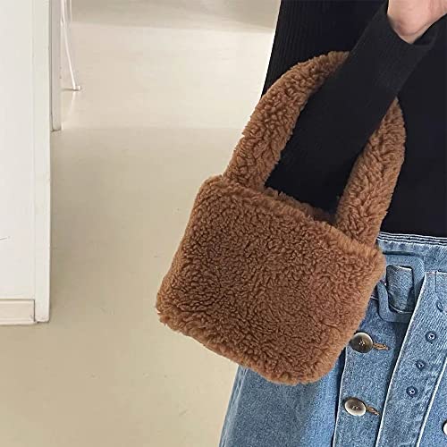 Women Fuzzy Bag Sherpa Purse Faux Fur Handbag Furry Fluffy Plush Hand Bags Cute Small Totes Winter Fashion Purses (Brown)