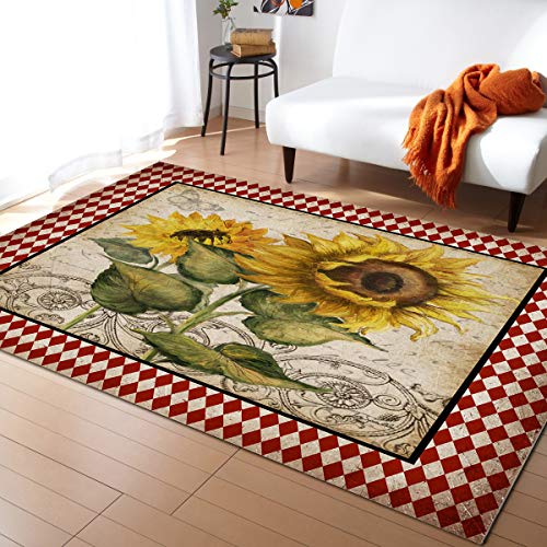 Area Rug Absorbent Non-Slip Rectangle Rug Retro Sunflower Red Rhombus Checkered Background Rugs for Living Room Bedroom Kitchen Entryway, Soft Floor Mat Indoor Carpet Accent Rugs 2x3 Feet