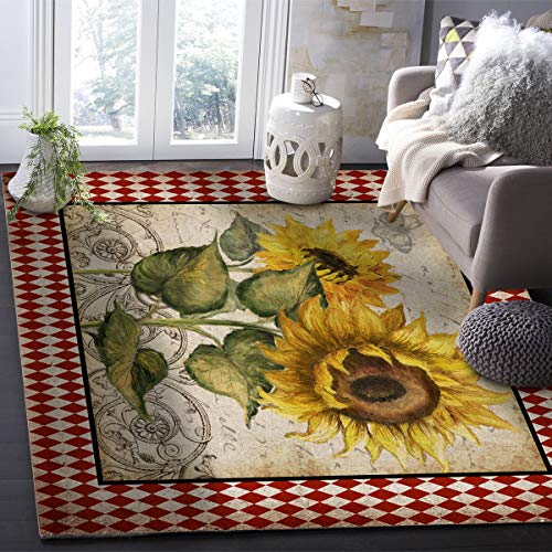 Area Rug Absorbent Non-Slip Rectangle Rug Retro Sunflower Red Rhombus Checkered Background Rugs for Living Room Bedroom Kitchen Entryway, Soft Floor Mat Indoor Carpet Accent Rugs 2x3 Feet