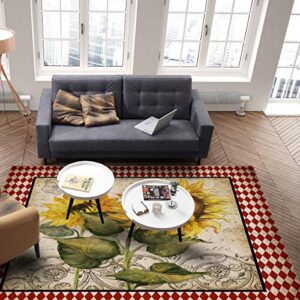 Area Rug Absorbent Non-Slip Rectangle Rug Retro Sunflower Red Rhombus Checkered Background Rugs for Living Room Bedroom Kitchen Entryway, Soft Floor Mat Indoor Carpet Accent Rugs 2x3 Feet