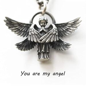 TOKZON Angel Amulet Necklace, Angel Pendant Necklace Angel Wings Amulet, Seraphim Pray Pendant, for Men and Women-Silver