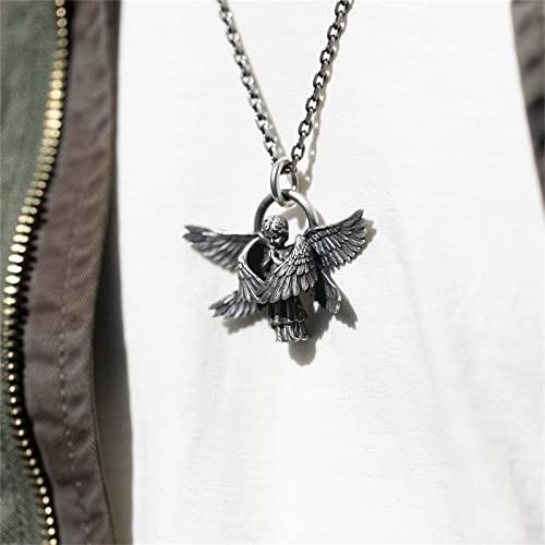 TOKZON Angel Amulet Necklace, Angel Pendant Necklace Angel Wings Amulet, Seraphim Pray Pendant, for Men and Women-Silver