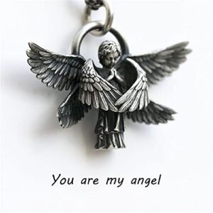 TOKZON Angel Amulet Necklace, Angel Pendant Necklace Angel Wings Amulet, Seraphim Pray Pendant, for Men and Women-Silver