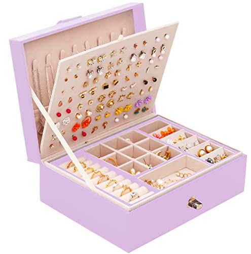 QBestry Stud Earring Organizer for Girls Purple Jewelry Box for Earrings Necklace Jewelry Organizer,Girls Earring Box for Womens Necklace Holder Rings Organizer Bracelet Earring Storage Case,Purple