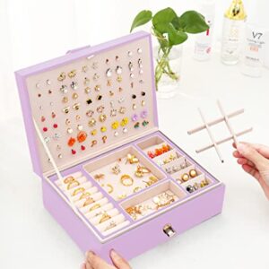 QBestry Stud Earring Organizer for Girls Purple Jewelry Box for Earrings Necklace Jewelry Organizer,Girls Earring Box for Womens Necklace Holder Rings Organizer Bracelet Earring Storage Case,Purple