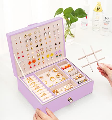 QBestry Stud Earring Organizer for Girls Purple Jewelry Box for Earrings Necklace Jewelry Organizer,Girls Earring Box for Womens Necklace Holder Rings Organizer Bracelet Earring Storage Case,Purple