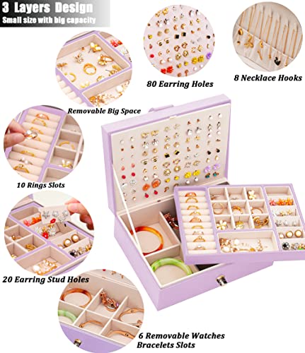 QBestry Stud Earring Organizer for Girls Purple Jewelry Box for Earrings Necklace Jewelry Organizer,Girls Earring Box for Womens Necklace Holder Rings Organizer Bracelet Earring Storage Case,Purple