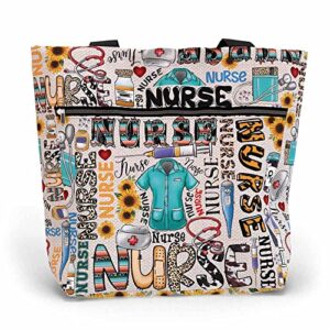 84hoods large waterproof tote bag gift for nurse with pockets and zipper for work. cute graphic shoulder bag for women and girls. aesthetic 15 inch grocery bag colorful typography.