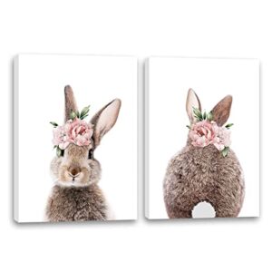 girls nursery wall art bunny rabbit with pink flower crown canvas print wall decor woodland animal posters kids room set of 2 bedroom deccoration framed wall art