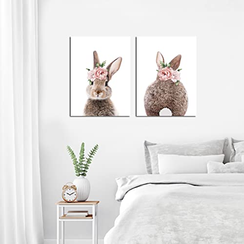 Girls Nursery Wall Art Bunny Rabbit with Pink Flower Crown Canvas Print Wall Decor Woodland Animal Posters Kids Room Set of 2 Bedroom Deccoration Framed Wall Art