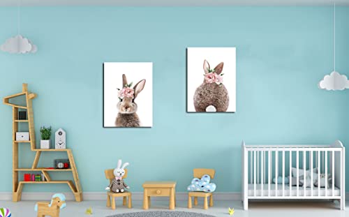 Girls Nursery Wall Art Bunny Rabbit with Pink Flower Crown Canvas Print Wall Decor Woodland Animal Posters Kids Room Set of 2 Bedroom Deccoration Framed Wall Art