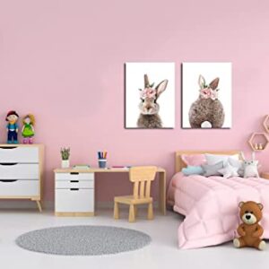 Girls Nursery Wall Art Bunny Rabbit with Pink Flower Crown Canvas Print Wall Decor Woodland Animal Posters Kids Room Set of 2 Bedroom Deccoration Framed Wall Art