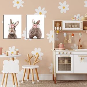 Girls Nursery Wall Art Bunny Rabbit with Pink Flower Crown Canvas Print Wall Decor Woodland Animal Posters Kids Room Set of 2 Bedroom Deccoration Framed Wall Art