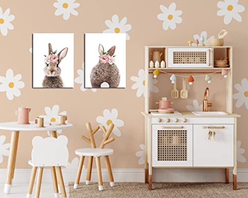 Girls Nursery Wall Art Bunny Rabbit with Pink Flower Crown Canvas Print Wall Decor Woodland Animal Posters Kids Room Set of 2 Bedroom Deccoration Framed Wall Art