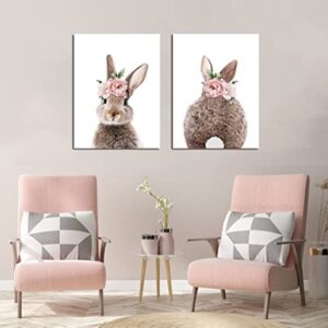 Girls Nursery Wall Art Bunny Rabbit with Pink Flower Crown Canvas Print Wall Decor Woodland Animal Posters Kids Room Set of 2 Bedroom Deccoration Framed Wall Art