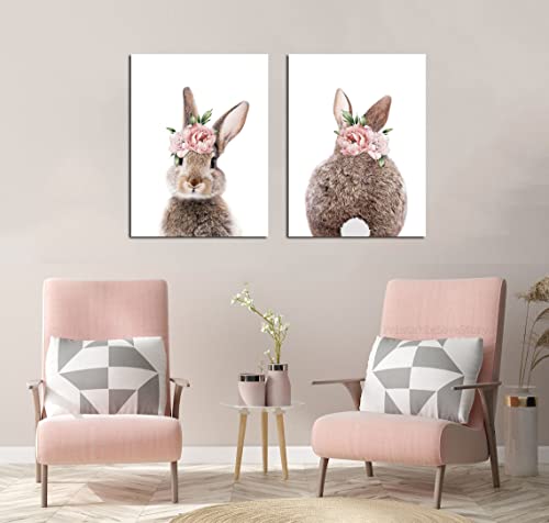 Girls Nursery Wall Art Bunny Rabbit with Pink Flower Crown Canvas Print Wall Decor Woodland Animal Posters Kids Room Set of 2 Bedroom Deccoration Framed Wall Art