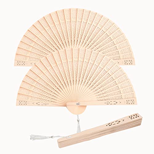 Merkaunis 50 PCS Wooden Folding Fans Wedding Fans Chinese wooden Fan with Tassel Hand Held Folding Fans Hollow Pattern for Women Foldable Wedding Gifts Baby Shower Party Favor and Home Decorations