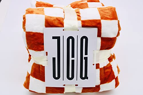 JCG Blanket Luxury Chessboard Plaid Throw Blanket (White/Orange), Fluffy Blankets, Warm Blankets for Winter, Blankets Queen Size, Good Also as Summer Blanket,