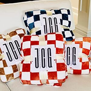 JCG Blanket Luxury Chessboard Plaid Throw Blanket (White/Orange), Fluffy Blankets, Warm Blankets for Winter, Blankets Queen Size, Good Also as Summer Blanket,