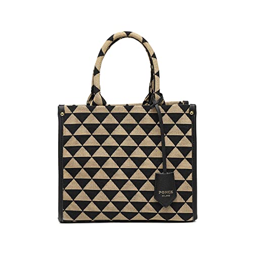 Classic triangle enamel metal logo black beige embroidered Canvas shopping bag tote bag for women