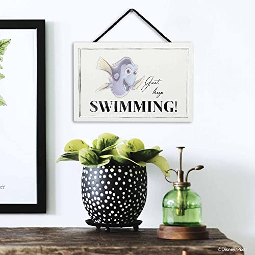 Open Road Brands Disney 100th Anniversary Finding Nemo Dory Quote Hanging Wood Wall Decor - Just Keep Swimming Sign for Home Decorating