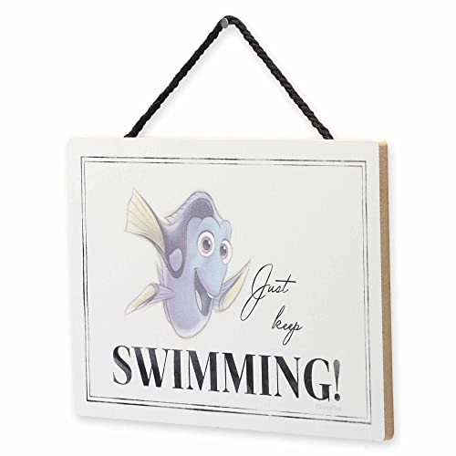 Open Road Brands Disney 100th Anniversary Finding Nemo Dory Quote Hanging Wood Wall Decor - Just Keep Swimming Sign for Home Decorating