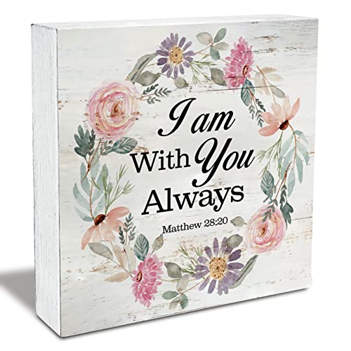 Bible Verse I am with You Always Wood Box Sign Inspirational Rustic Scripture Wooden Box Sign Christian Home Office Desk Shelf Decor (5 X 5 Inch)