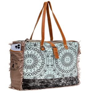 cla large canvas bag, multicolor, cowhide hair on leather with upcycle canvas handbag for women