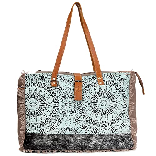 CLA Large Canvas Bag, Multicolor, Cowhide Hair On Leather With Upcycle Canvas Handbag for Women